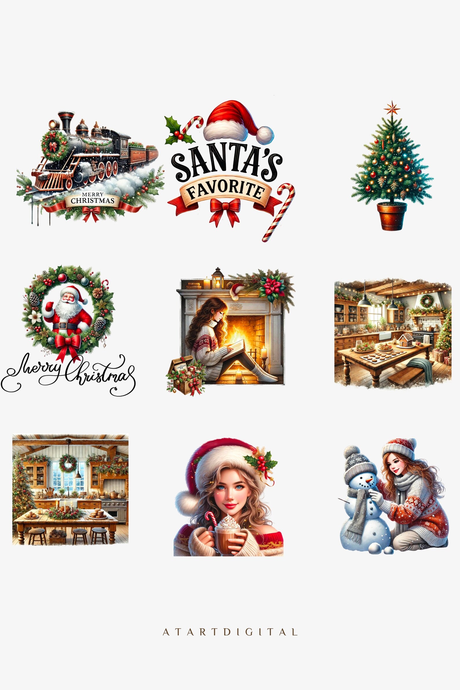 Cozy Christmas PNG Bundle, Watercolor Christmas Girl & Tree Clipart for ...