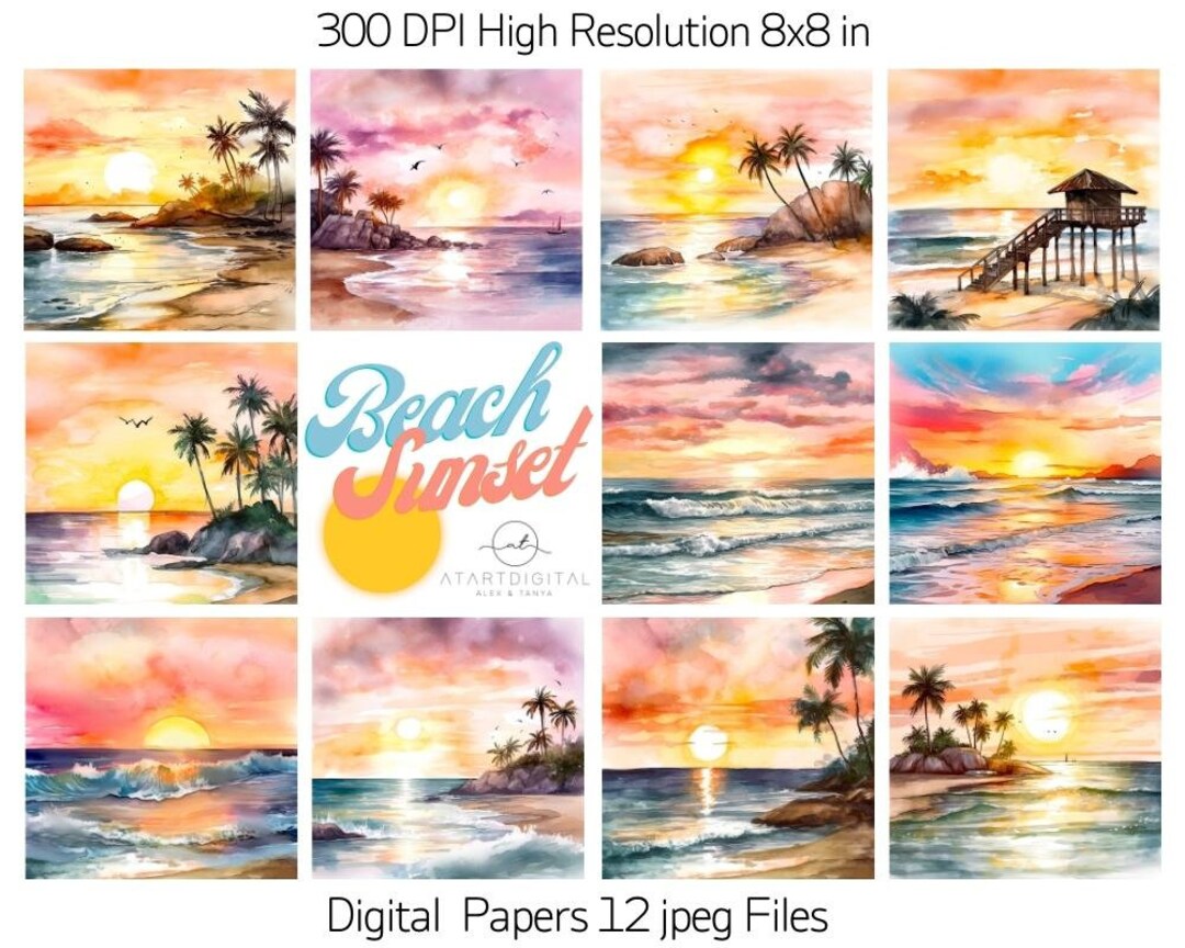 Watercolor Beach Sunsets Digital Paper Pack for Commercial Use, Beach ...