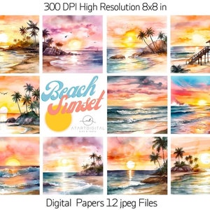 Watercolor Beach Sunsets Digital Paper Pack for Commercial Use, Beach ...