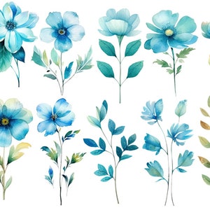 Watercolor Blue Turquoise Flowers Clip Art, Floral Png Instant Download ...