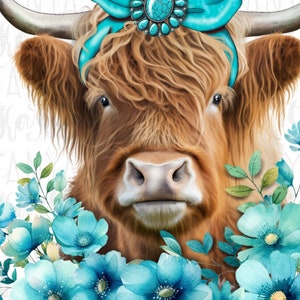 Western Highland Cow With Turquoise Flowers Png for Sublimation ...