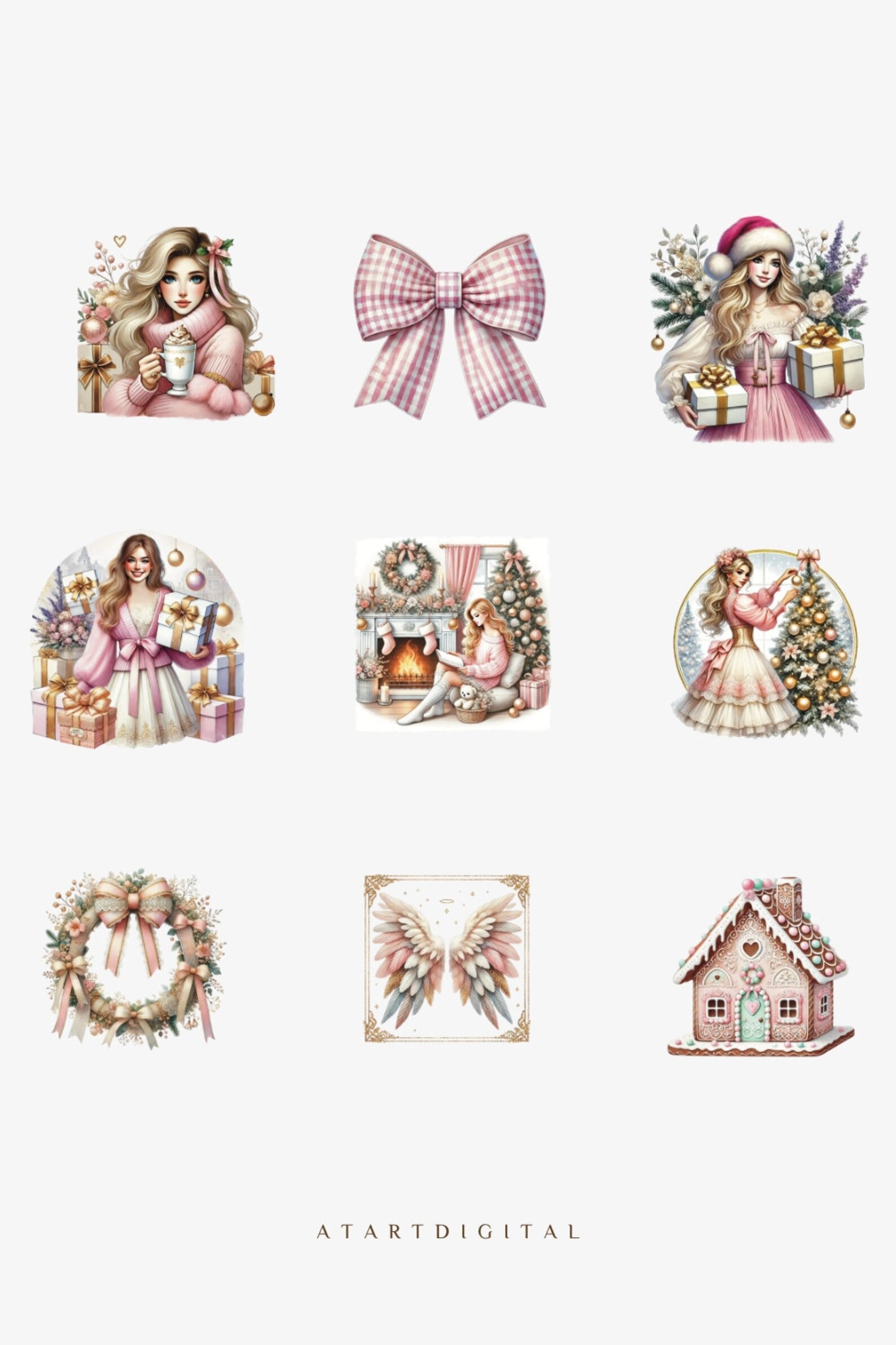 Coquette Christmas Clipart Bundle, Pink Bows, Pastel Retro Designs ...