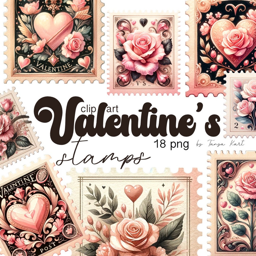 Valentine's Day Retro Clip Art With Vintage Stamps, Postage | Vintage ...