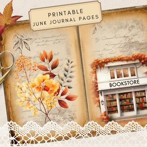Vintage Autumn Bookstore Junk Journal Kit - Fall Leaves, Flowers ...