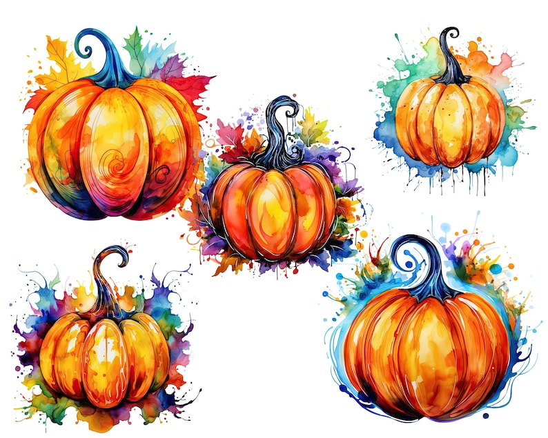 Watercolor Pumpkins Clip Art: Rainbow Fall PNG (commercial Use) - Etsy