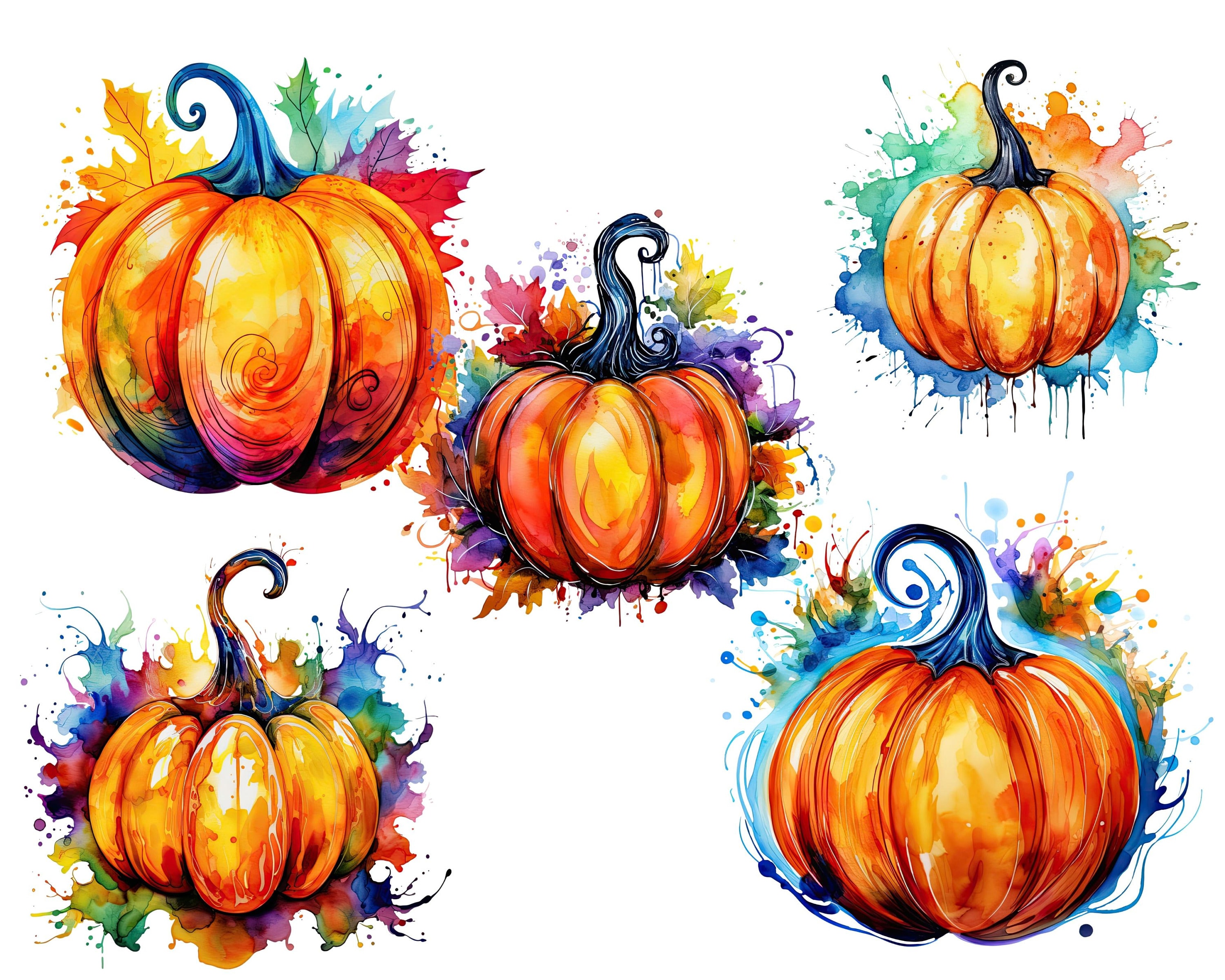 Watercolor Pumpkins Clip Art: Rainbow Fall PNG (commercial Use) - Etsy