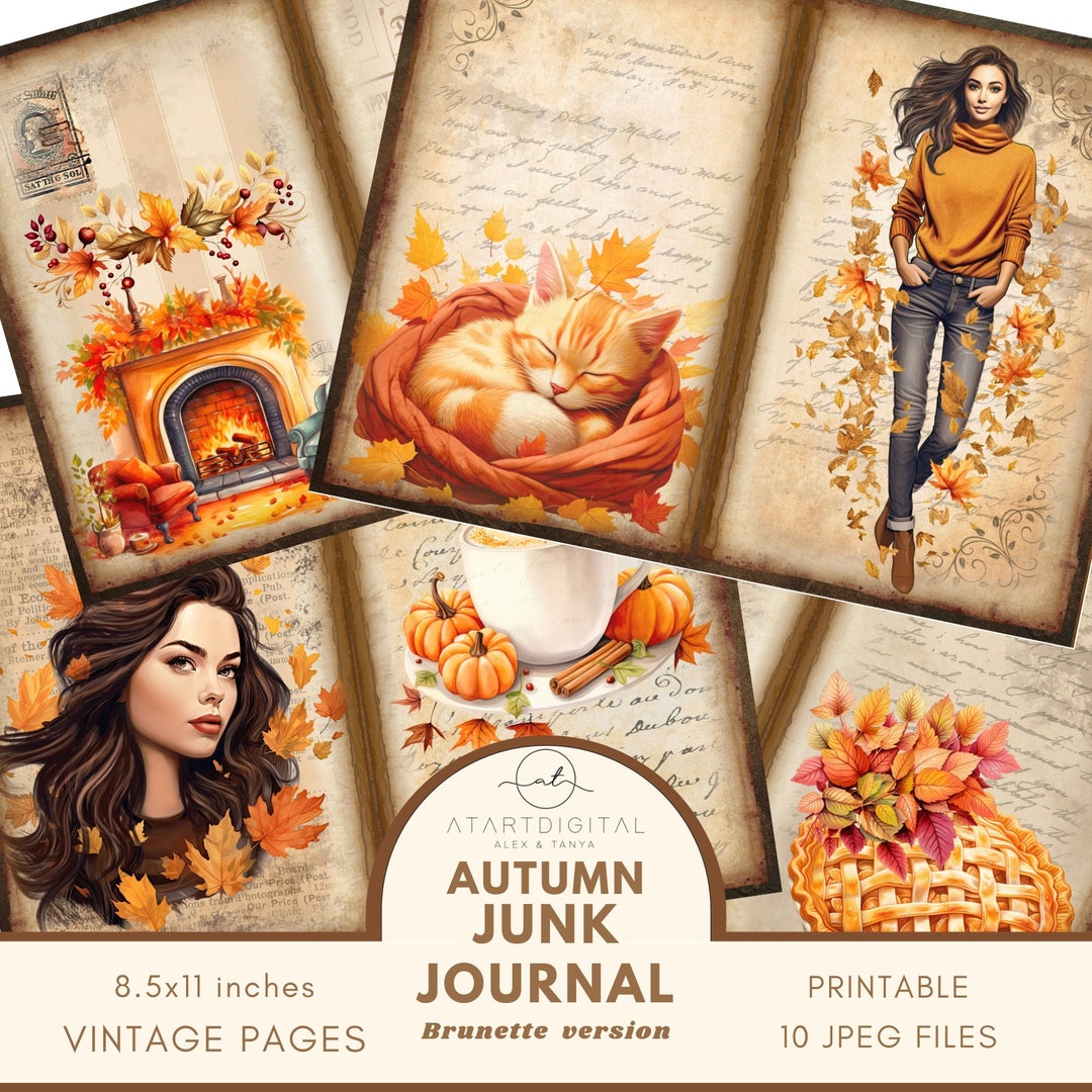 Autumn Junk Journal Kit, Fall Printable Download, Brunette Girl ...