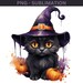 Black Cat With Witch Hat & Pumpkins - Cute Cat Halloween Sub PNG, Black ...