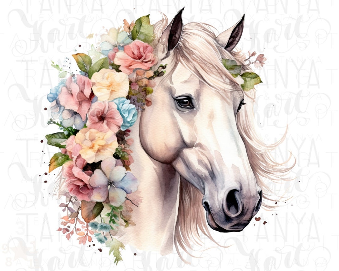 White Horse With Flowers Png for Sublimation, Watercolor Horse Png ...