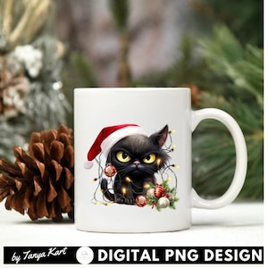 Cute Christmas Cat With Santa Hat & Christmas Lights Png Design for ...