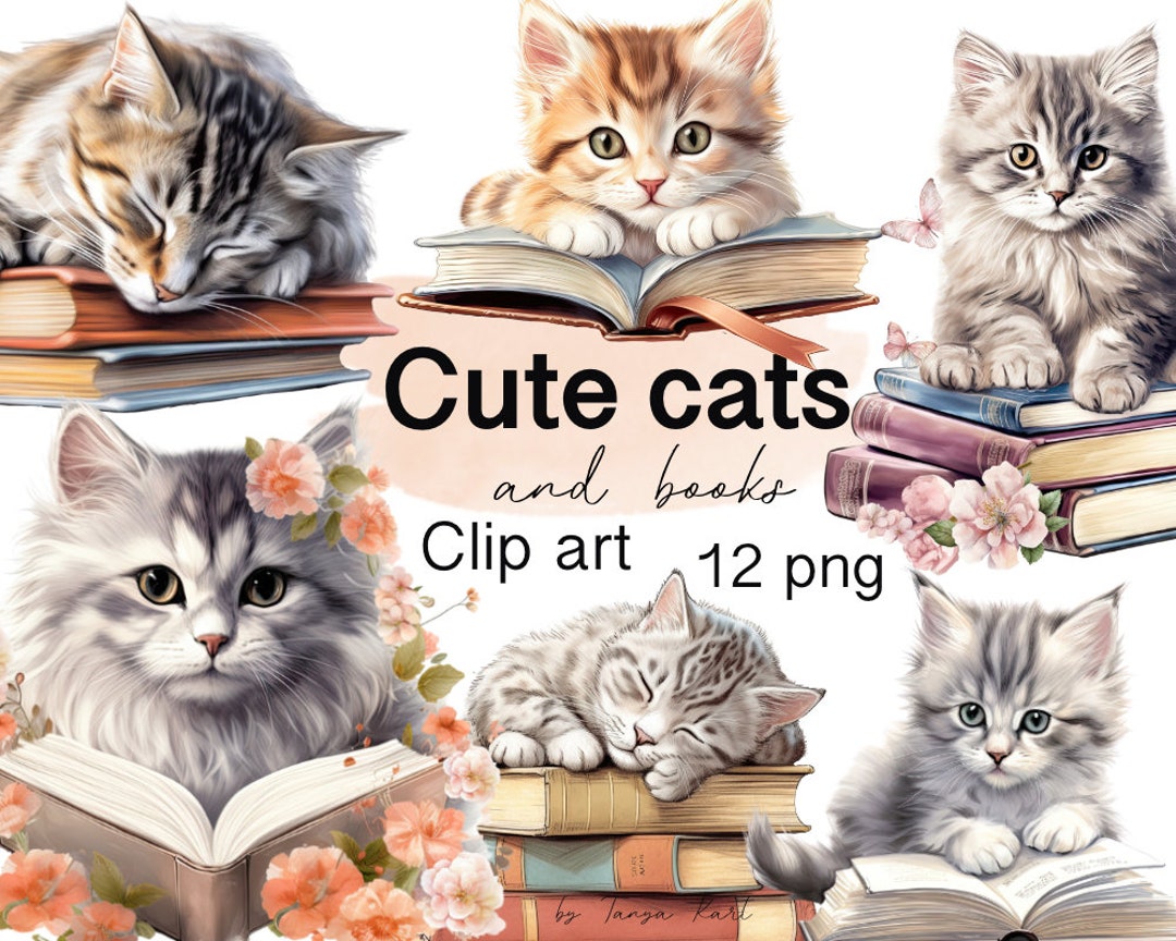 Cute Cats Clipart With Books for Commercial Use, Graphics for Cat ...