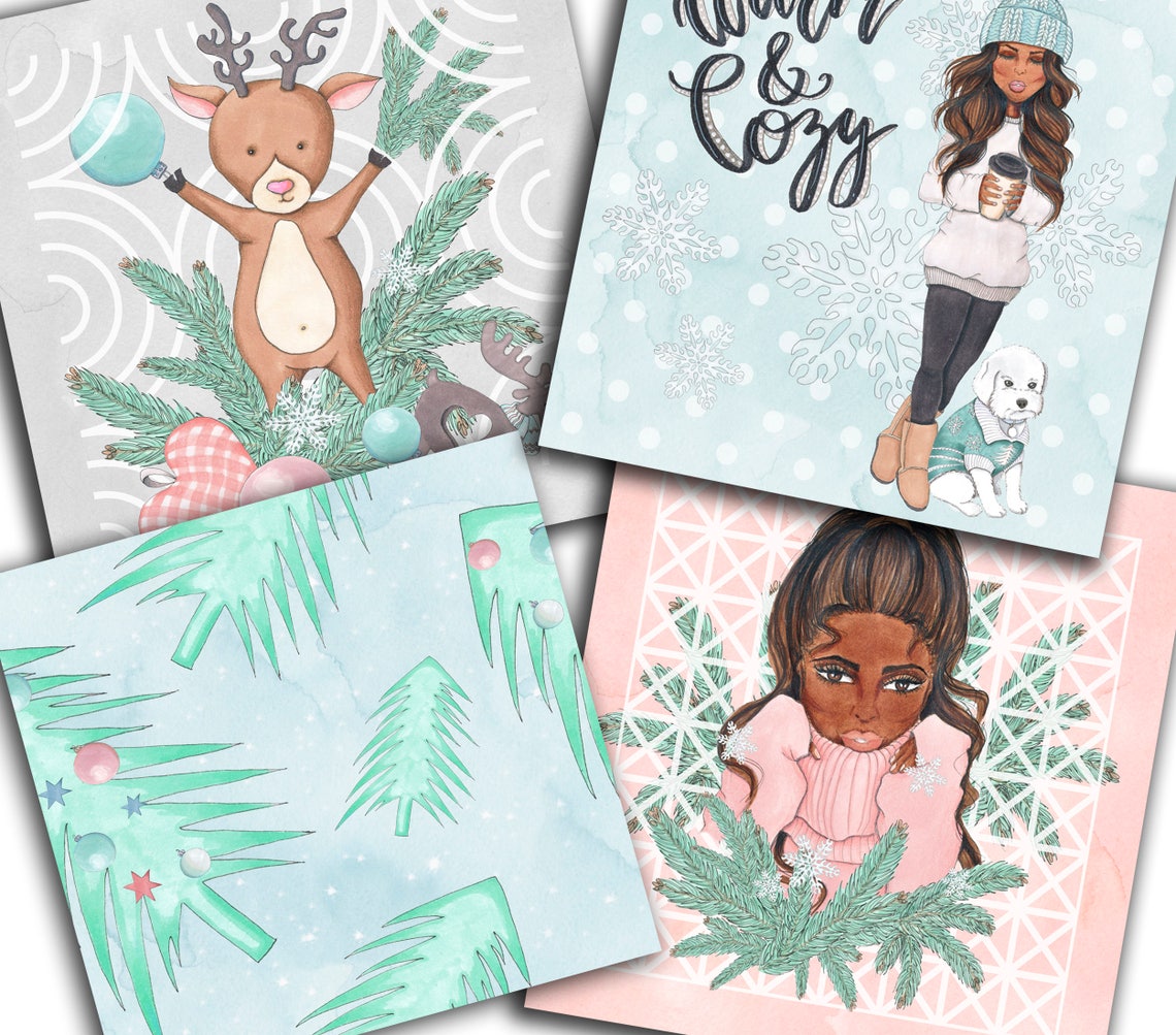 December Paper Pack Winter Digital Paper Dark Skin Toned | Etsy