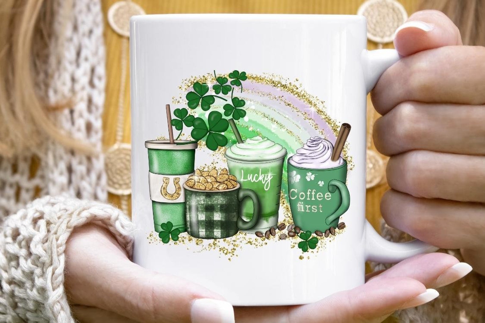 Patricks Day Coffee, St Patrick Rainbow, Glitter Coffee Cup, Digital ...
