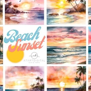Watercolor Beach Sunsets Digital Paper Pack for Commercial Use, Beach ...