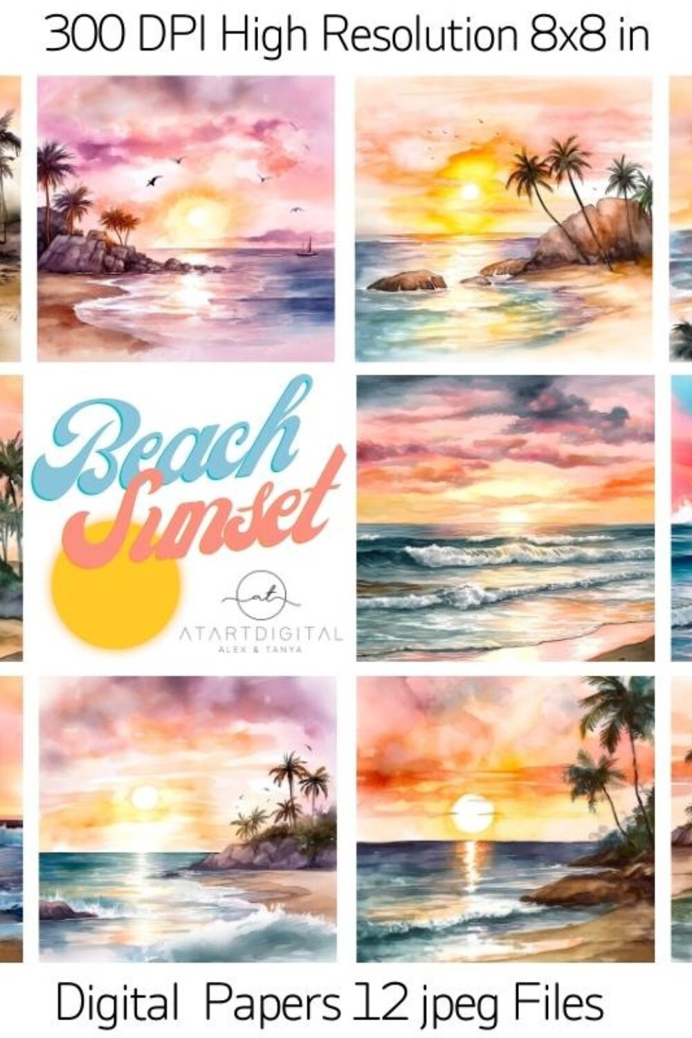 Watercolor Beach Sunsets Digital Paper Pack for Commercial Use, Beach ...