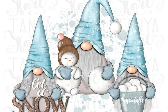 Paper Calligraphy Blue Winter Gnomes Heat Transfers Cute Gnomes ...