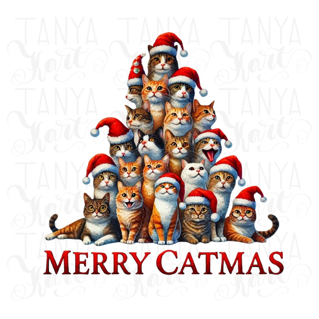 Merry Catmas PNG Designs for Crafting, Cute Cats Digital Downloads ...