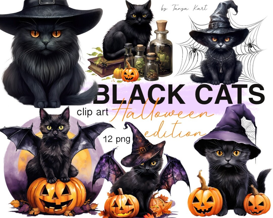 Halloween Black Cats Digital Download Clipart: Witch Cats Designs for ...