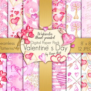 Pink Digital Paper-valentine's Day-love Watercolor-hearts Digital Paper ...