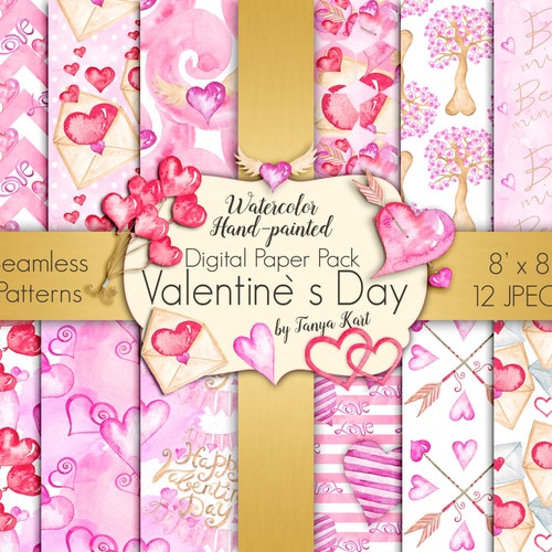 Pink Digital Paper-valentine's Day-love Watercolor-hearts - Etsy