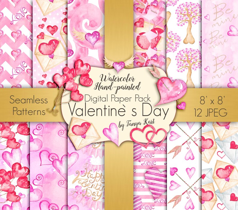 Pink Digital Paper-valentine's Day-love Watercolor-hearts Digital Paper ...