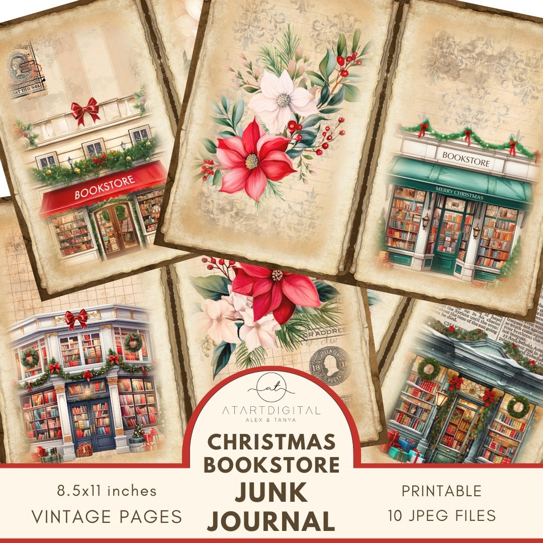 Christmas Bookstore Junk Journal Kit, Vintage Flowers for Xmas Junk Journal, Winter Illustration ...