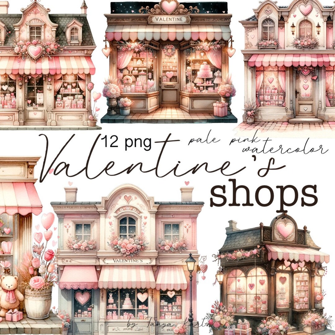 Valentine Shops Clipart Bundle | Pale Pink Watercolor PNG for ...