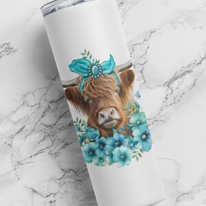 Turquoise Floral Highland Cow PNG: Western Sublimation Design (digital ...