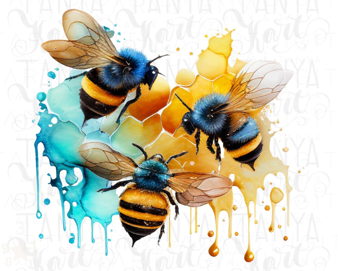 Three Blue Bees, Graphic Illustration, Watercolor Bee, Sublimation File ...