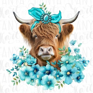 Western Highland Cow With Turquoise Flowers Png for Sublimation ...