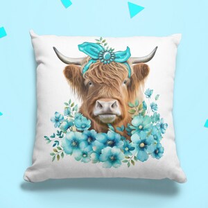 Turquoise Floral Highland Cow PNG: Western Sublimation Design (digital ...