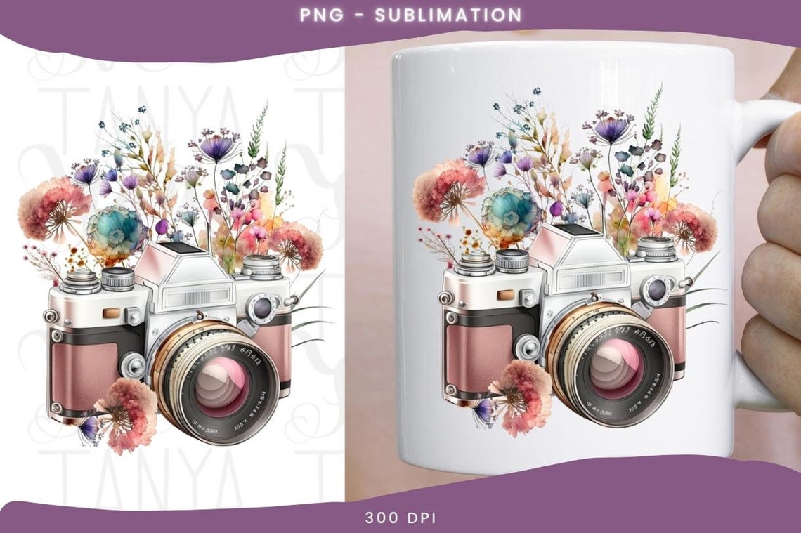 Camera Illustration, With Wildflowers, Vintage Design Png, Commercial ...