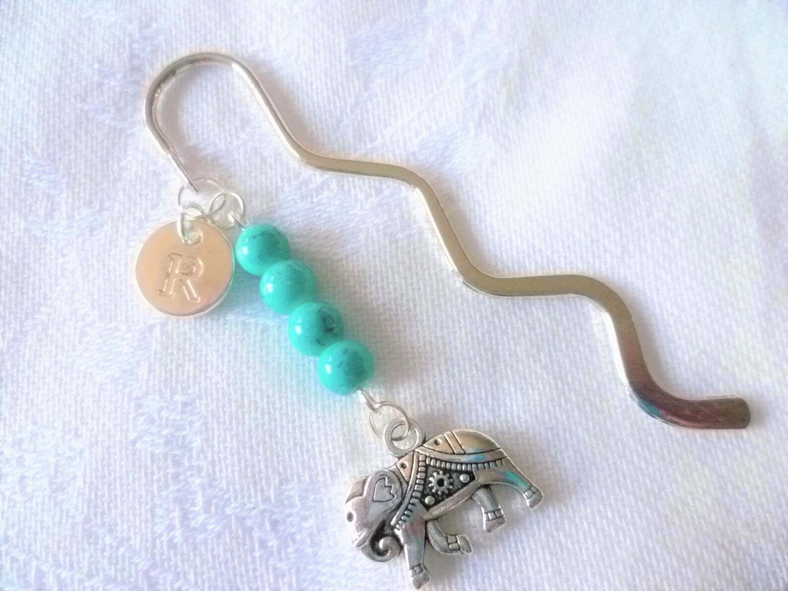 Elephant Bookmark, Initial Charm, Turquoise Beads, Silver Book ...