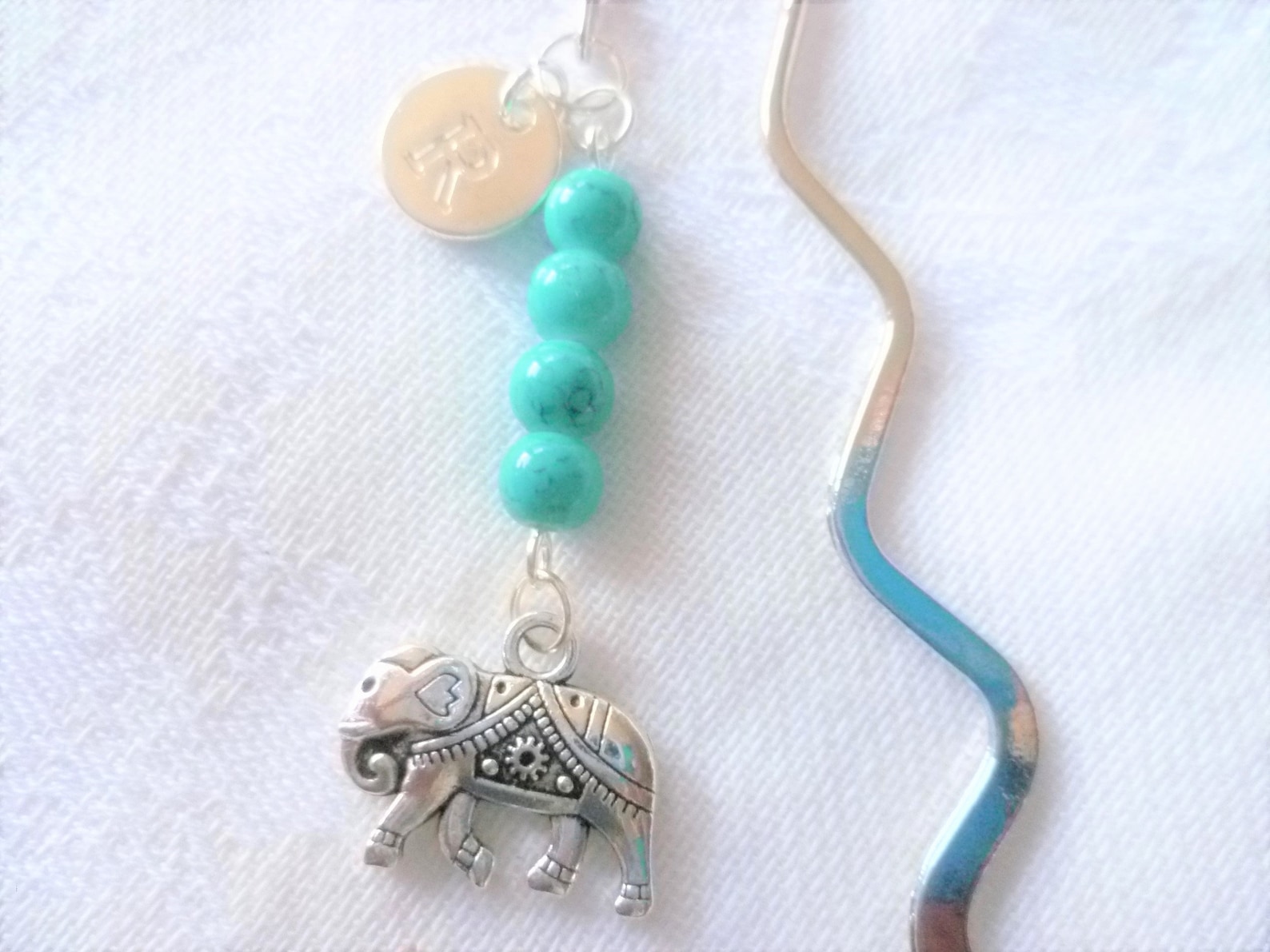 Elephant Bookmark, Initial Charm, Turquoise Beads, Silver Book ...