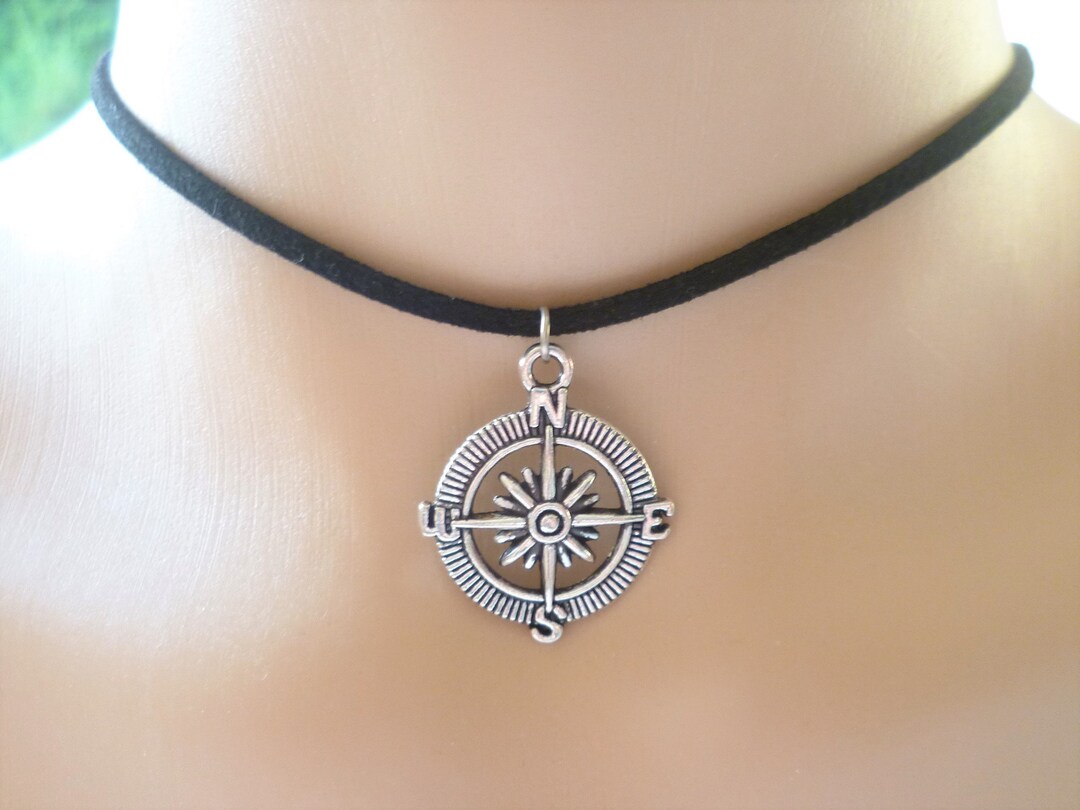 Silver Compass Charm Choker, Black Faux Suede Necklace - Etsy