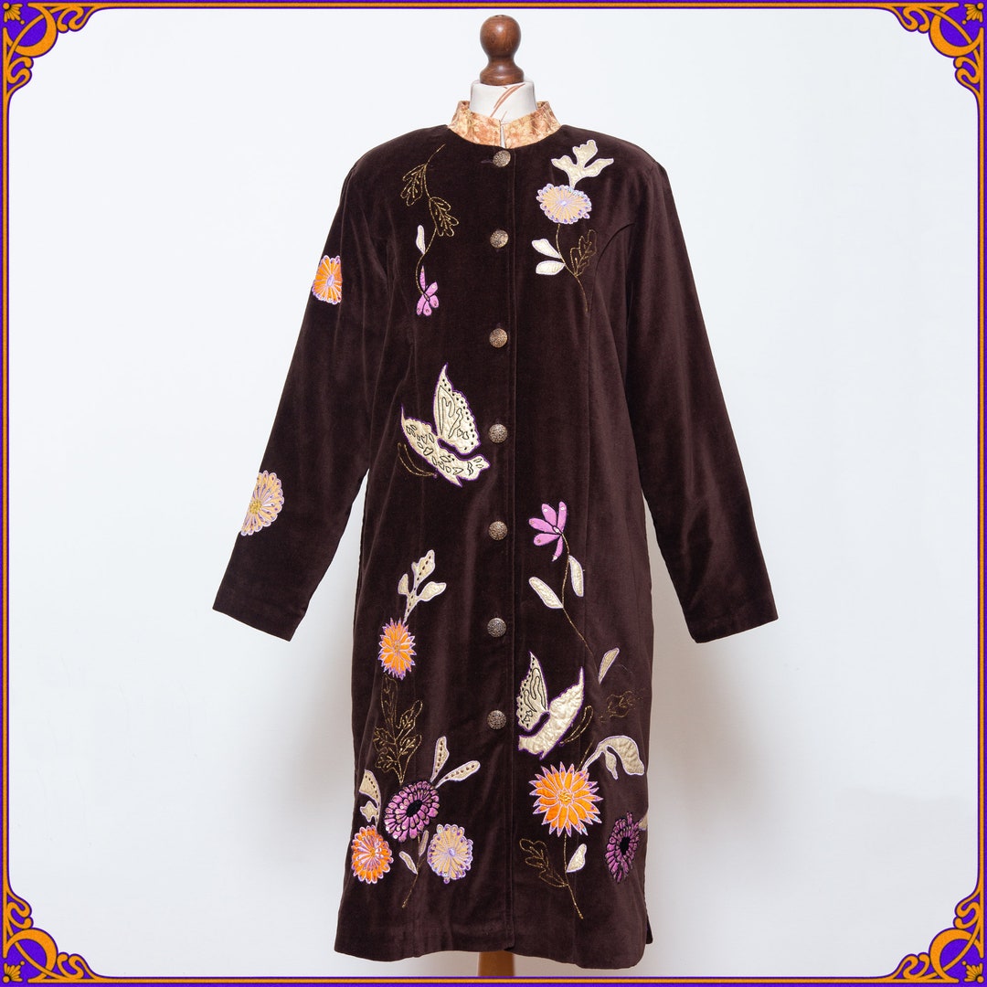 Vintage Embroidered Velvet Coat: 1970s Floral Cotton Duster, Size M - Etsy