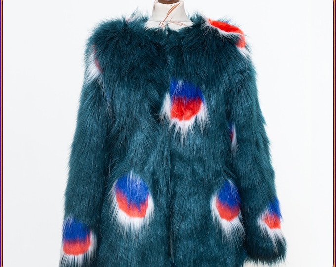 MEADHAM KIRCHOFF Inspired Colorful Faux Fur Coat. 70s Style Fake Fur ...
