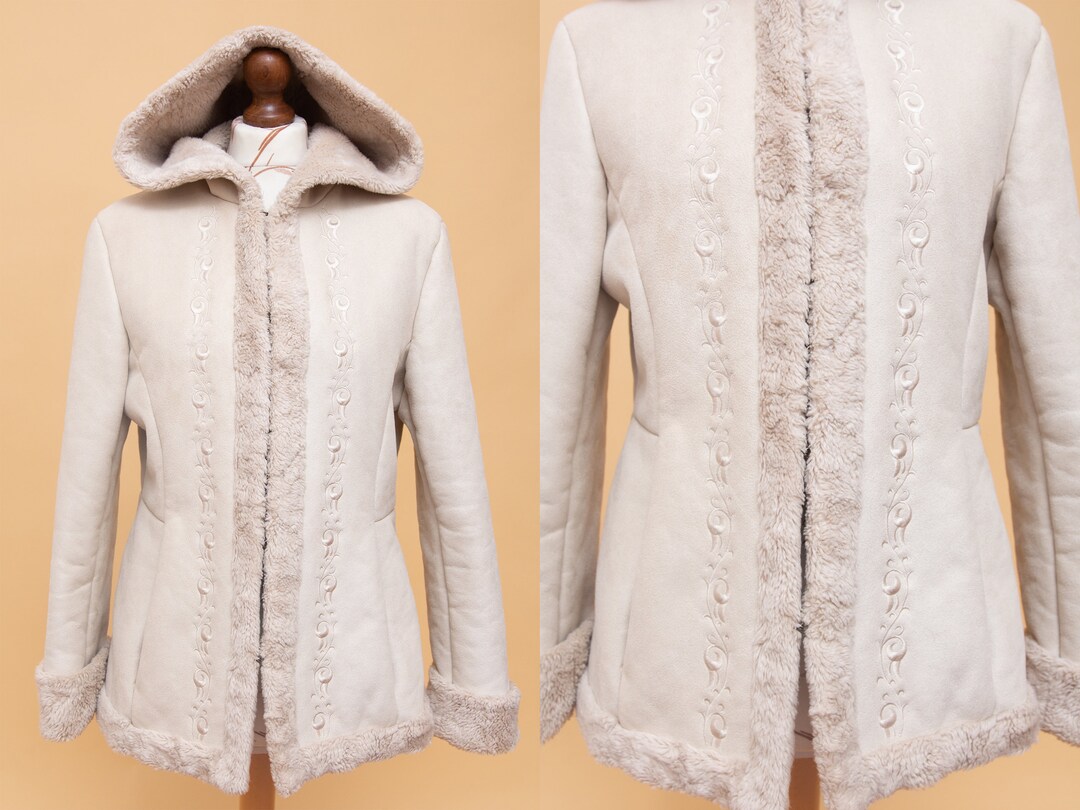 Absolutely Beautiful Fluffy Faux Fur Vegan Coat With Hood & Embroidered ...
