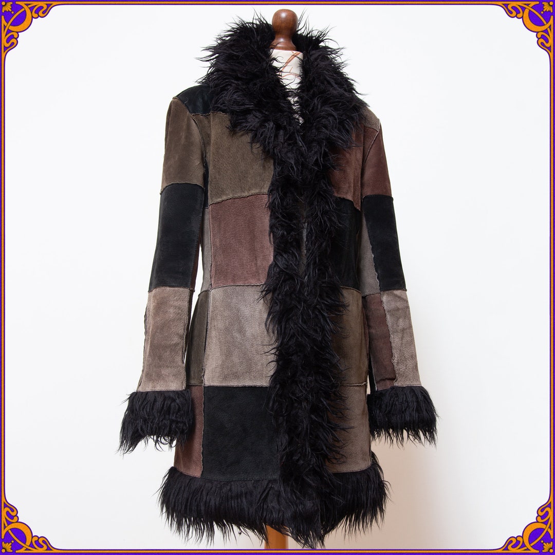 Vintage 70s Colorful Patchwork Suede Leather Coat With Faux Fur Trim ...