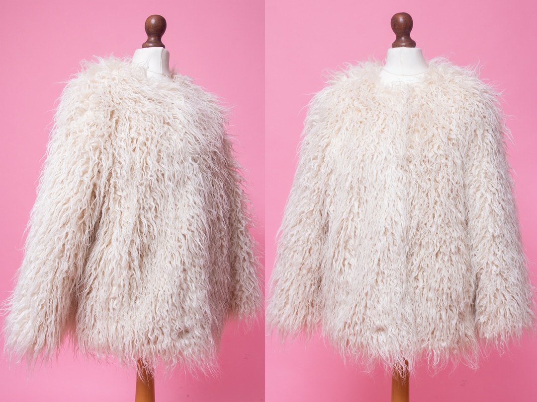 Curly 70s Style Faux Mongolian Lamb Fur Vegan Coat. Shaggy Vegan Fur ...