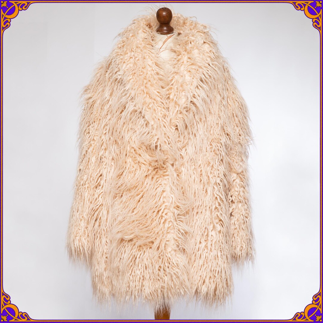Mega Fluffy 70s Style STUDIO 54 Faux Mongolian Tibetan Lamb Fur Coat. so Glamorous! Shaggy Vegan ...