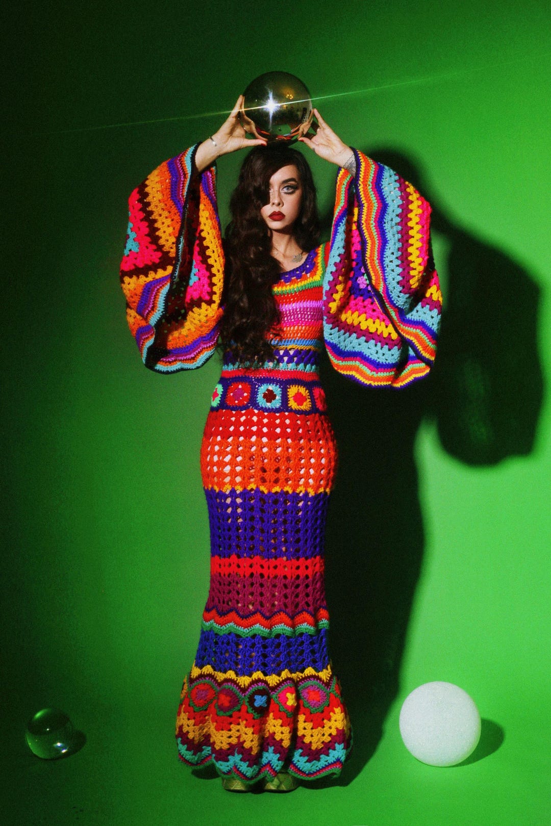 70s Dramatic Bell Sleeve Crochet Dress • Retro Psych Mod Neon Acid ...