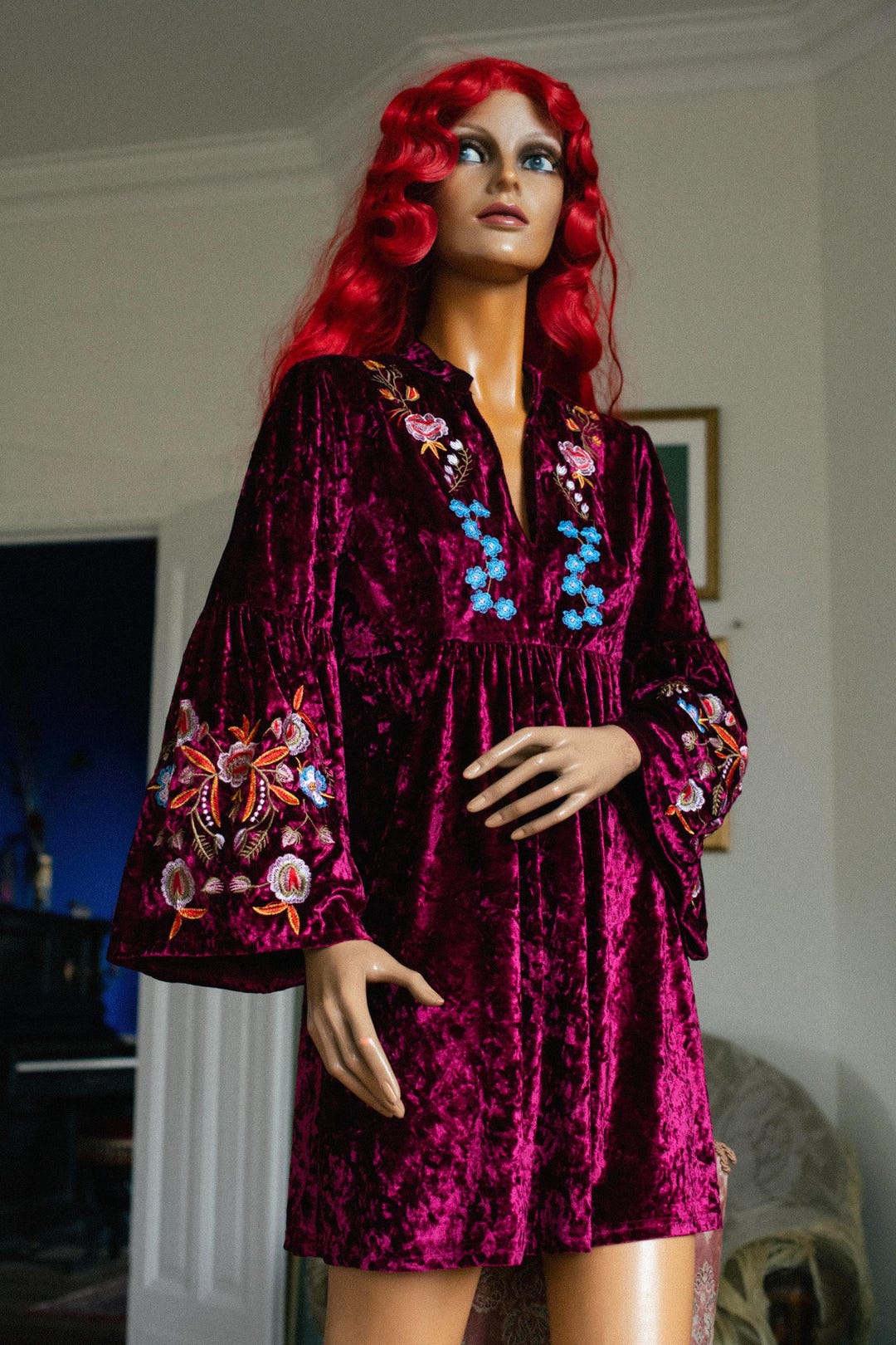 90s Crushed Velvet Mini Dress: Embroidered Trumpet Sleeves, Size M - Etsy