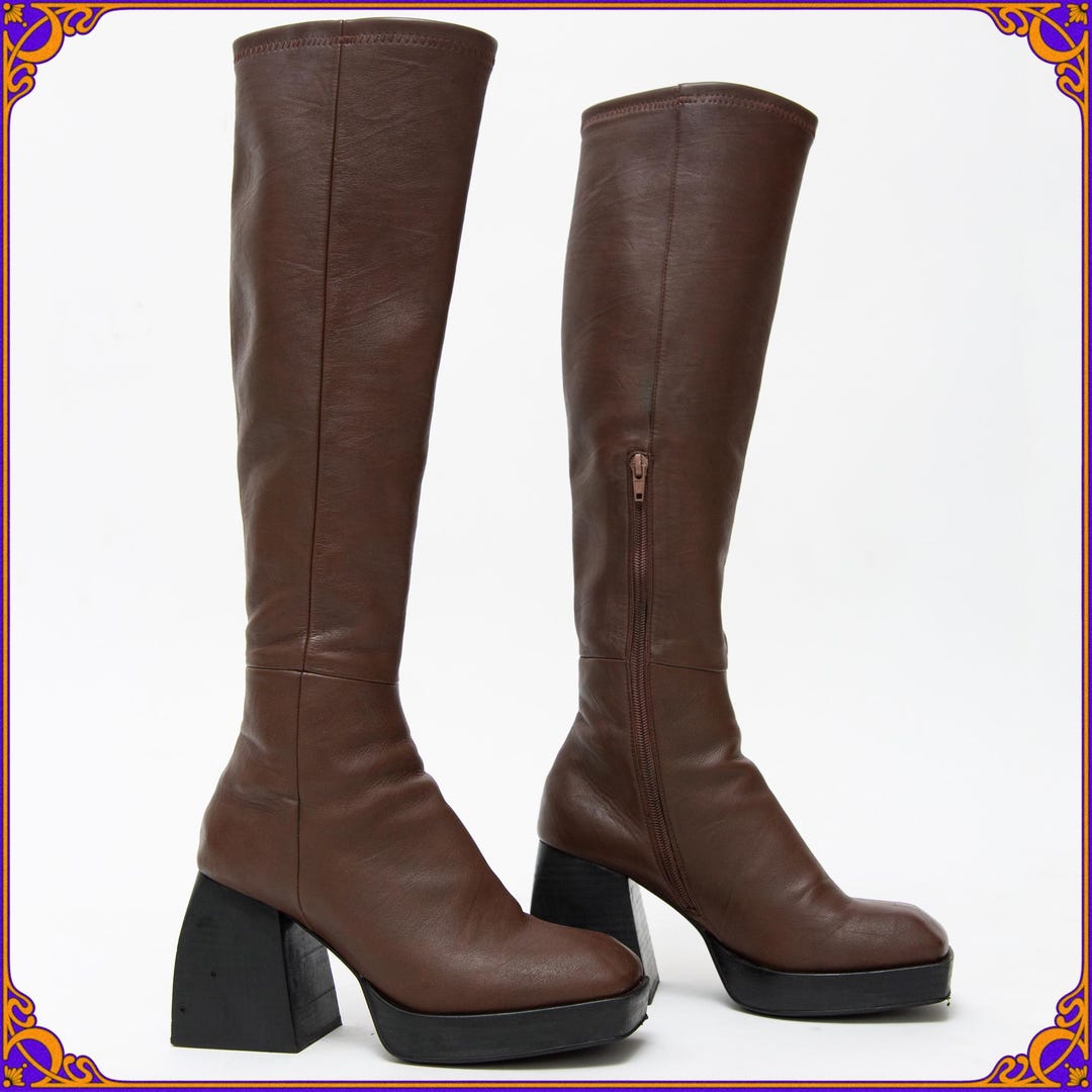 Brown Platform Boots 70s Style Over the Knee Fake Fleetwood Mac Leather ...