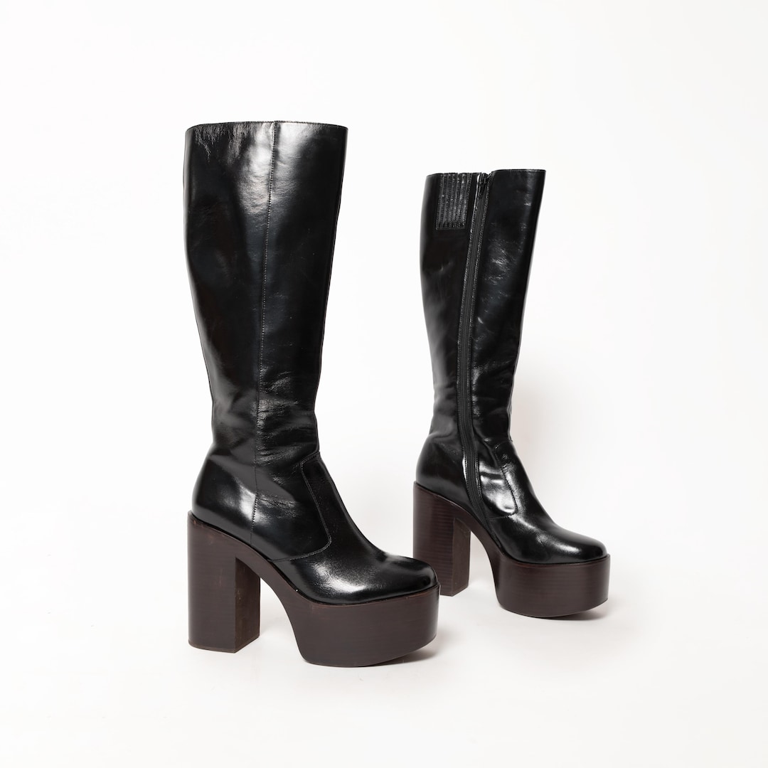 1970s Mega Platform Boots • Retro Black Platform Knee Knee High Glam ...