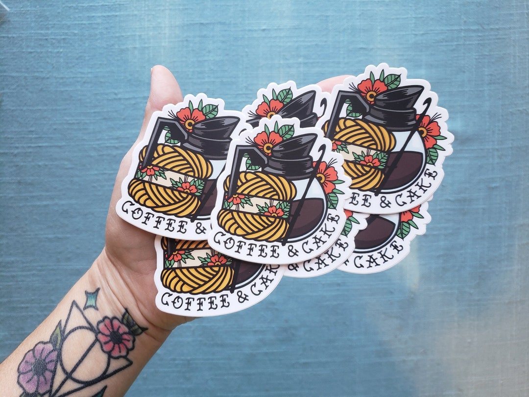Coffee & Cake Yarn Tattoo Vinyl Sticker, Funny Crochet Life Laptop ...
