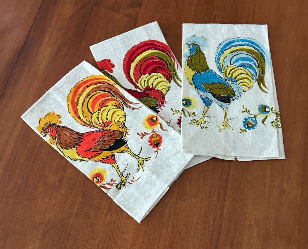 Vintage Set of Rooster Linen Hand Towels Mid Century Linens Vintage ...