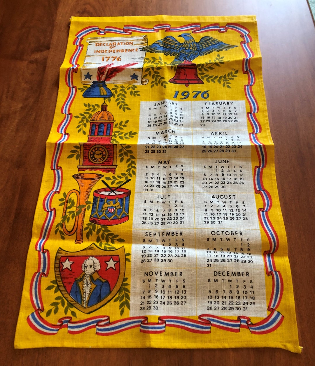 Vintage Patriotic 1976 Linen Calendar Towel Declaration of Independence ...