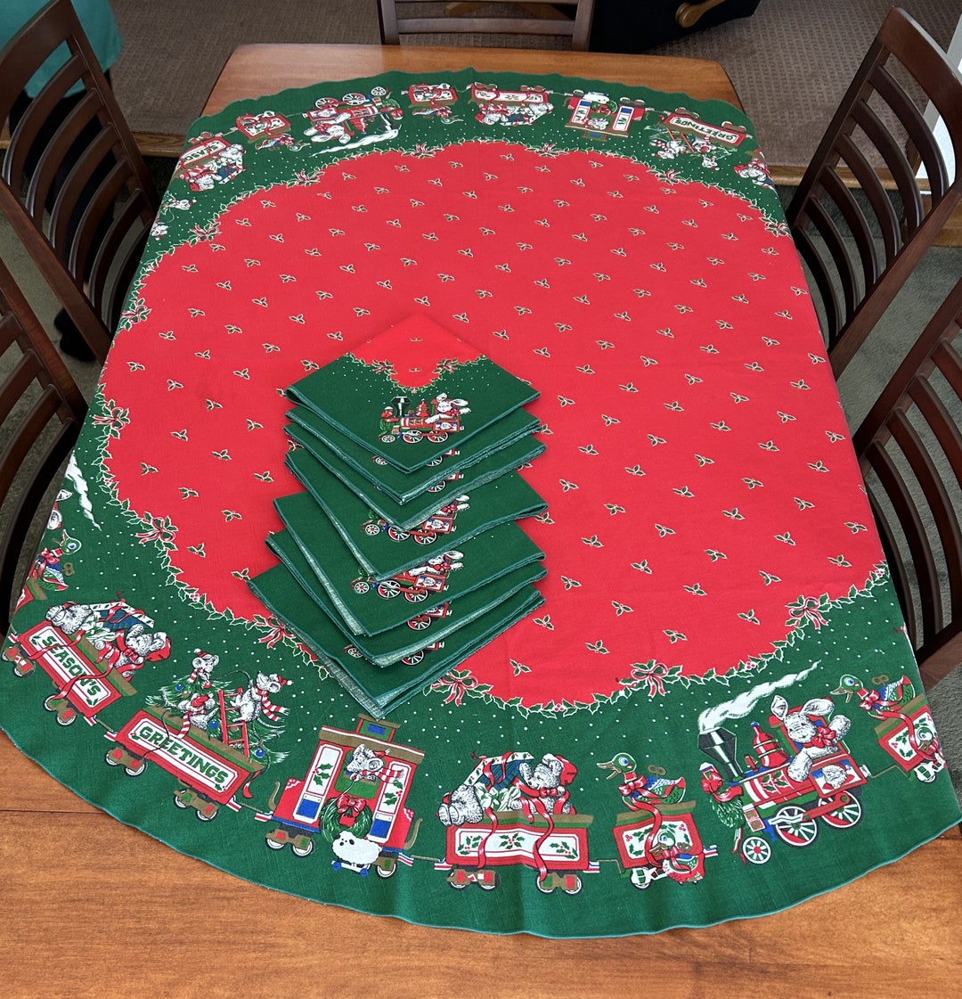 SALE Vintage Toy Train Round Christmas Tablecloth and Napkins Whimsical ...