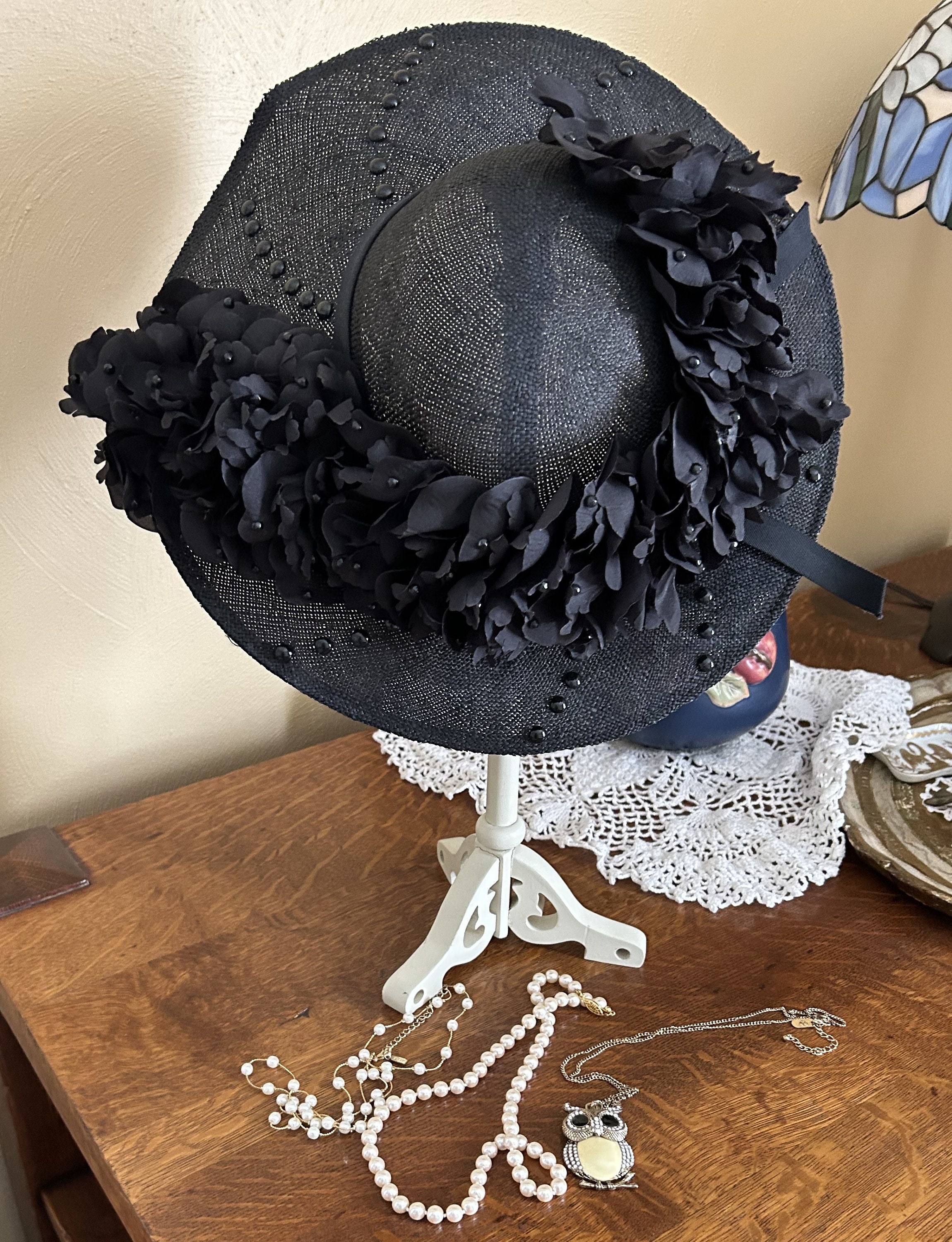 Vintage MR. JOHN MODERNE Black Floral Hat Kentucky Derby Hat Vintage ...